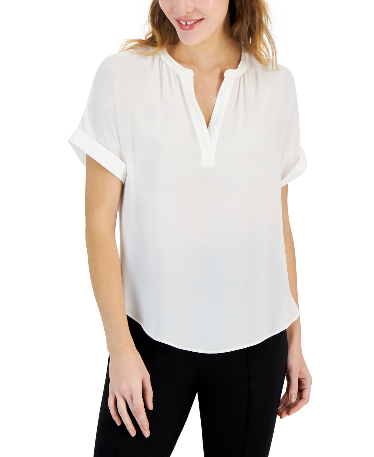 Click here for T Tahari Womens Split-Neck Rolled-Cuff Top - White... prices