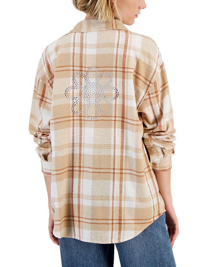 Just Polly Juniors' Rhinestone Plaid Flannel Shirt - Macy's
