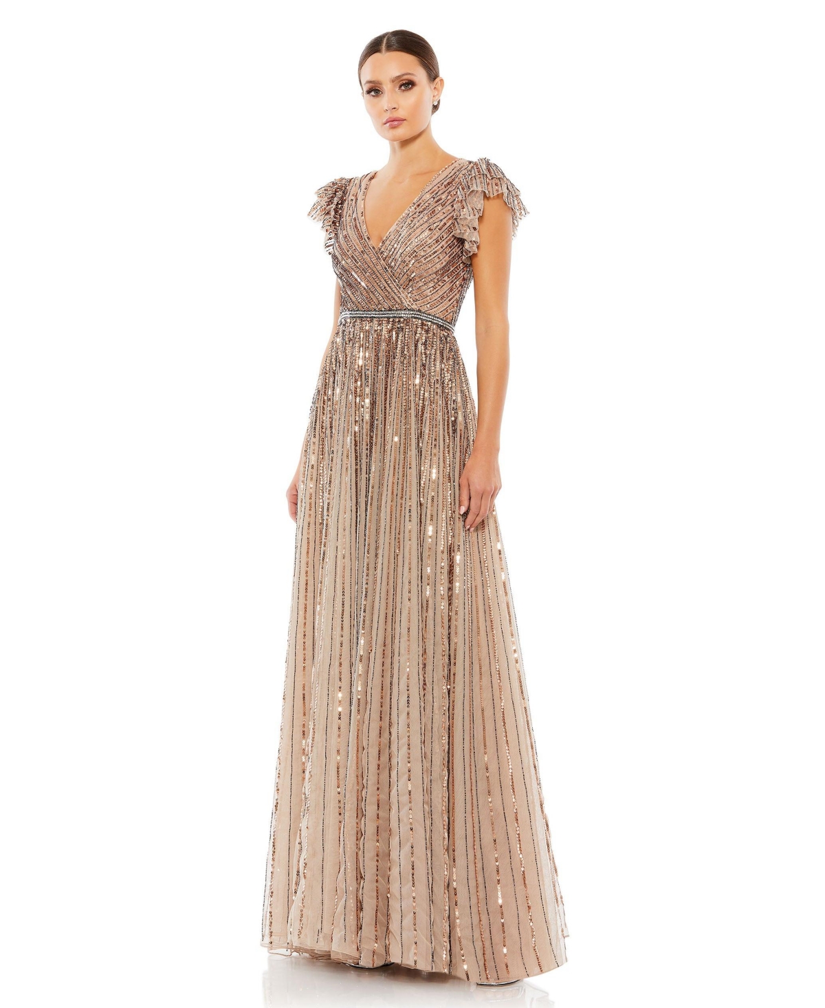 Click here for Mac Duggal Womens Sequined Wrap Over Ruffled Cap S... prices