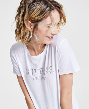 GUESS Women's 1981 Crystal Logo Cotton T-Shirt - Macy's