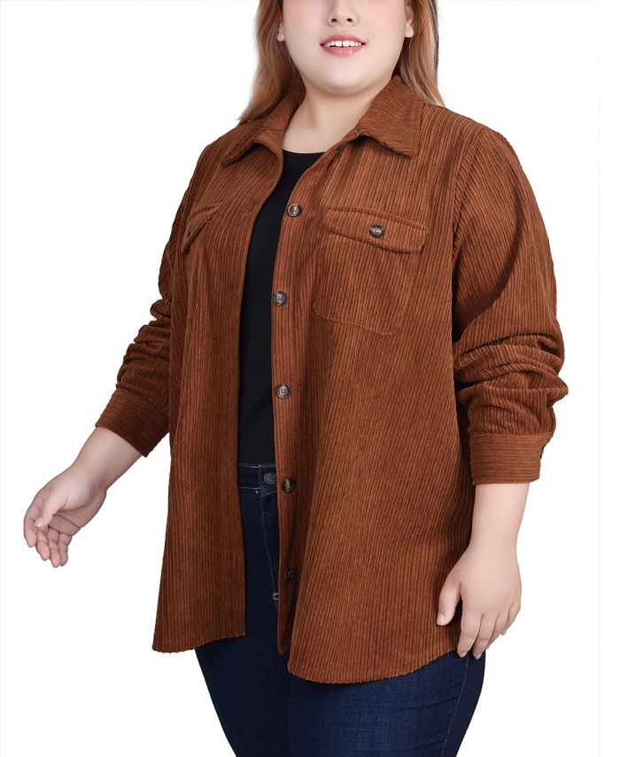 NY Collection Plus Size Long Sleeve Corduroy Shirt Jacket - Macy's