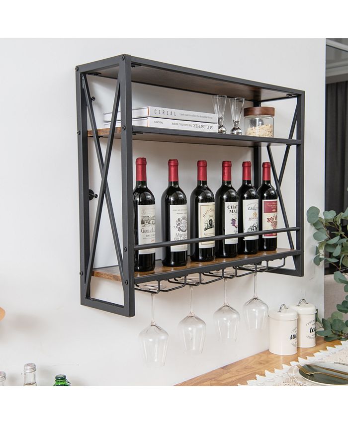 SUGIFT 3-Tiers Industrial Wall Mounted Wine Rack with Glass Holder and ...