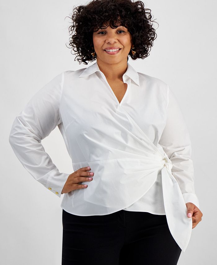 I.N.C. International Concepts Plus Size Cotton Collared Wrap Top, Created for Macy's - Macy's