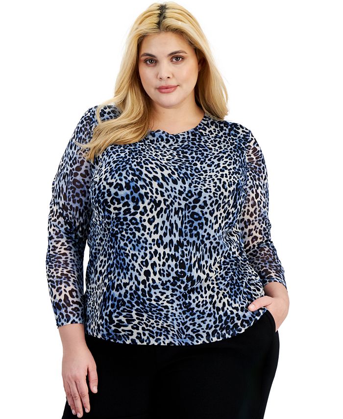 Bar III Plus Size Animal-Print Long-Sleeve Mesh Top, Created for Macy's ...