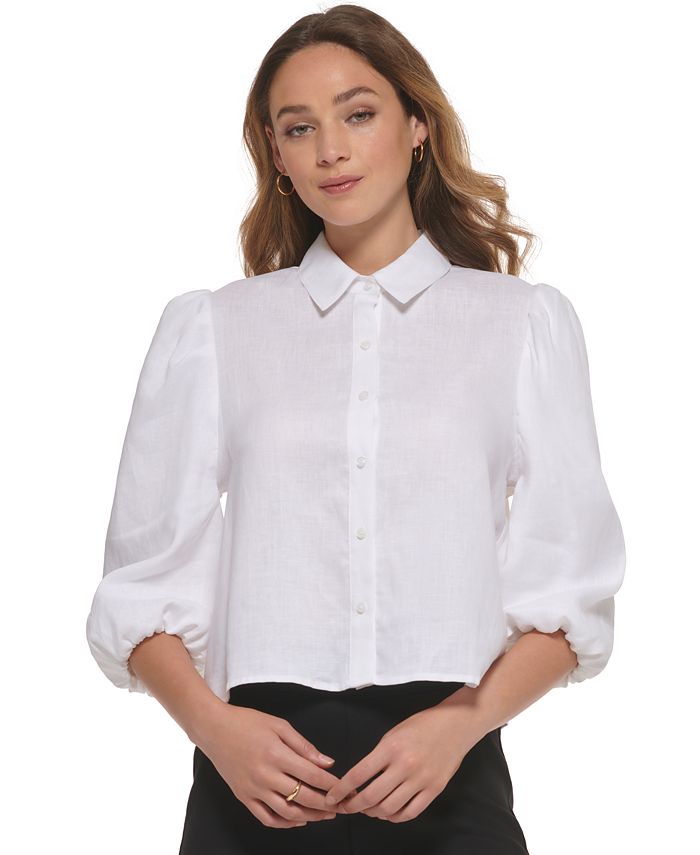 DKNY Women's Cotton Collared Button-Up 3/4-Sleeve Top - Macy's