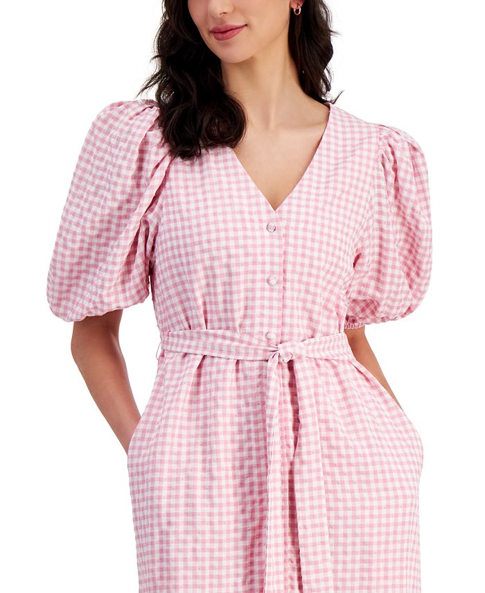Taylor Women's Gingham Check V-Neck Tie-Waist Midi Dress - Macy's