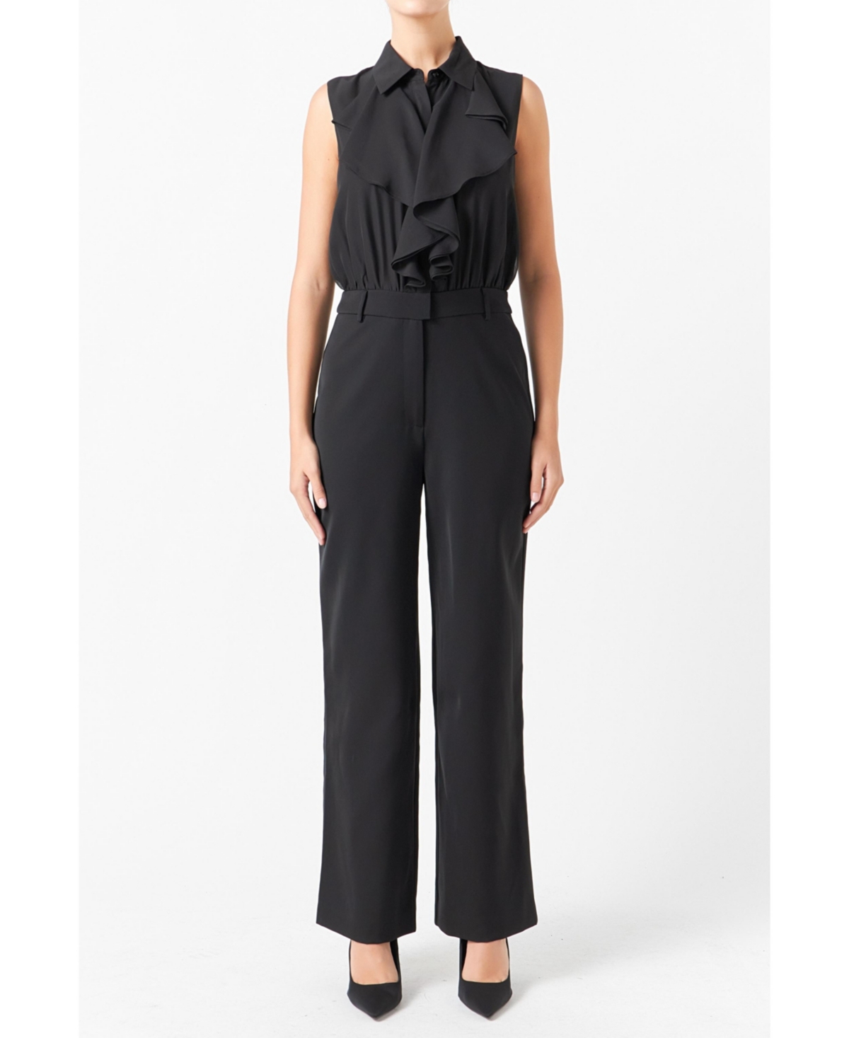 Click here for Womens Sleeveless Ruffle Jumpsuit - Black prices
