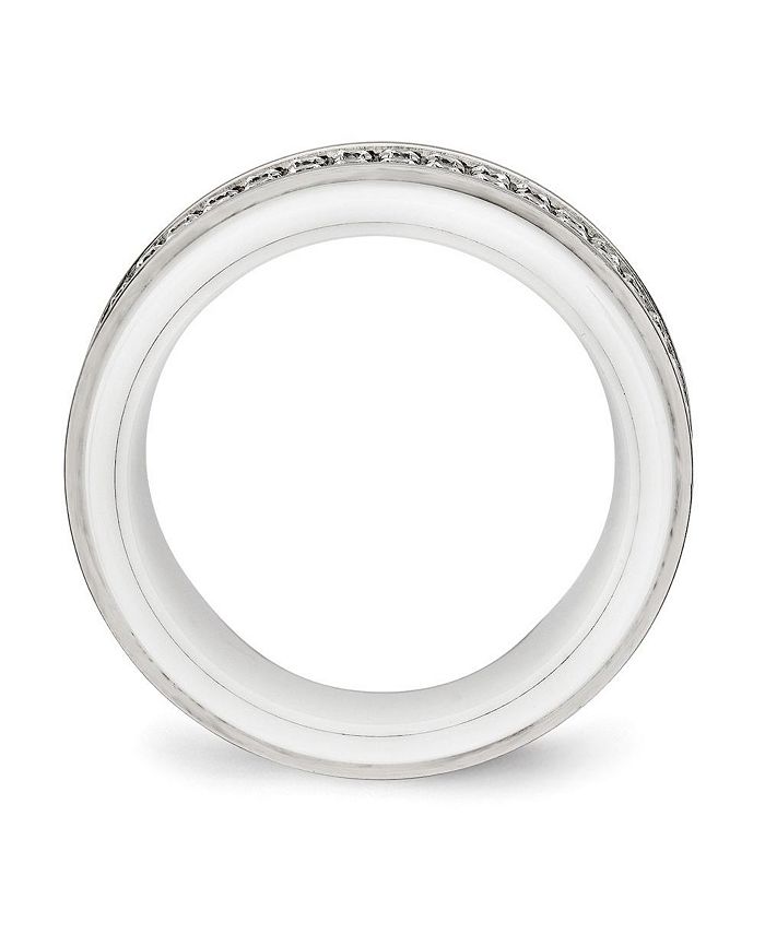 Chisel Stainless Steel Polished White Ceramic CZ Ridged Edge Ring - Macy's