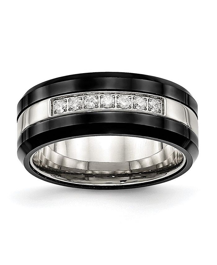 Chisel Stainless Steel Polished Black Ceramic CZ Beveled Edge Ring - Macy's