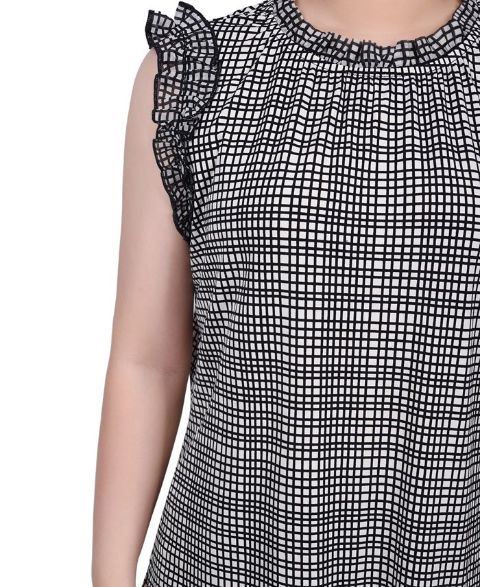 NY Collection Petite Sleeveless Crepe Top with Chiffon Ruffles - Macy's