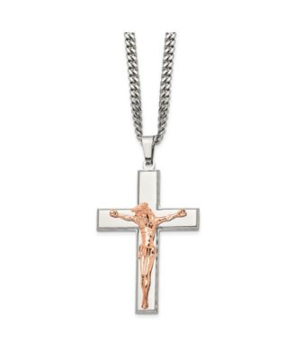 Chisel Polished Rose IP-plated Crucifix Pendant Curb Chain Necklace ...