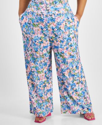 Bar III Trendy Plus Size Textured Floral Wide-Leg Pants, Created for ...