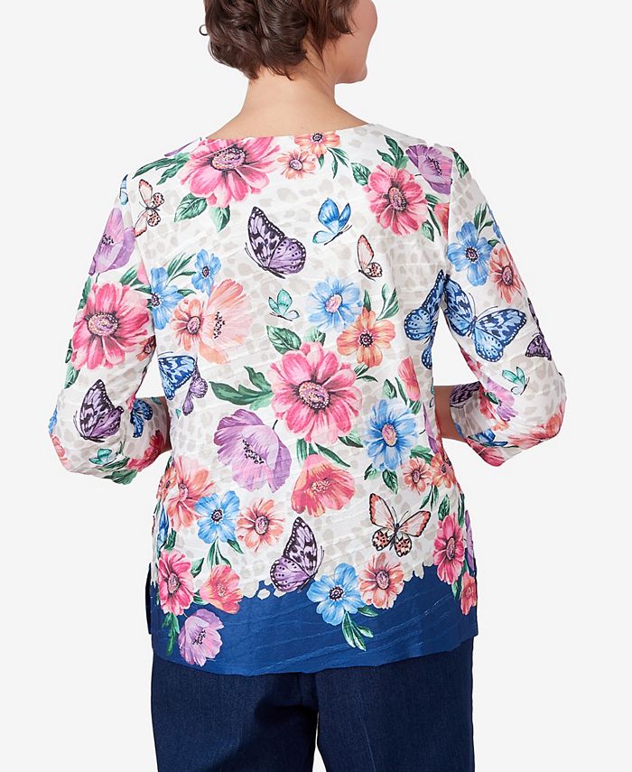 Alfred Dunner Women's In Full Bloom Floral Butterfly Border Split Neck Top - Macy's