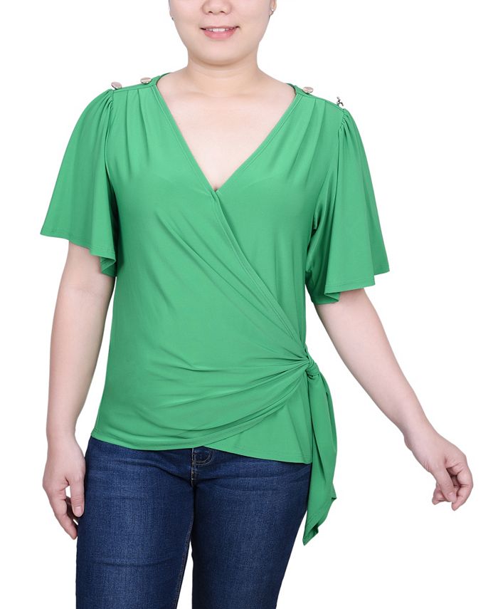 NY Collection Women's Short Sleeve Wrap Top - Macy's