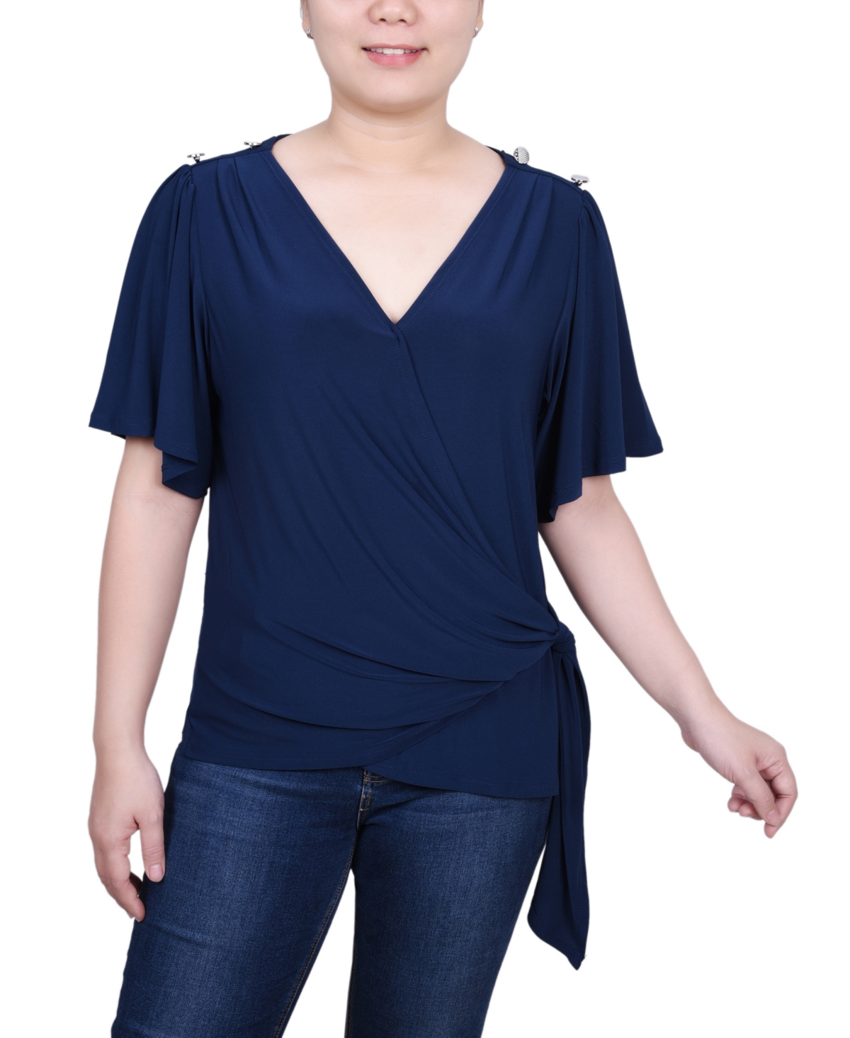 Click here for Ny Collection Womens Short Sleeve Wrap Top - Navy prices