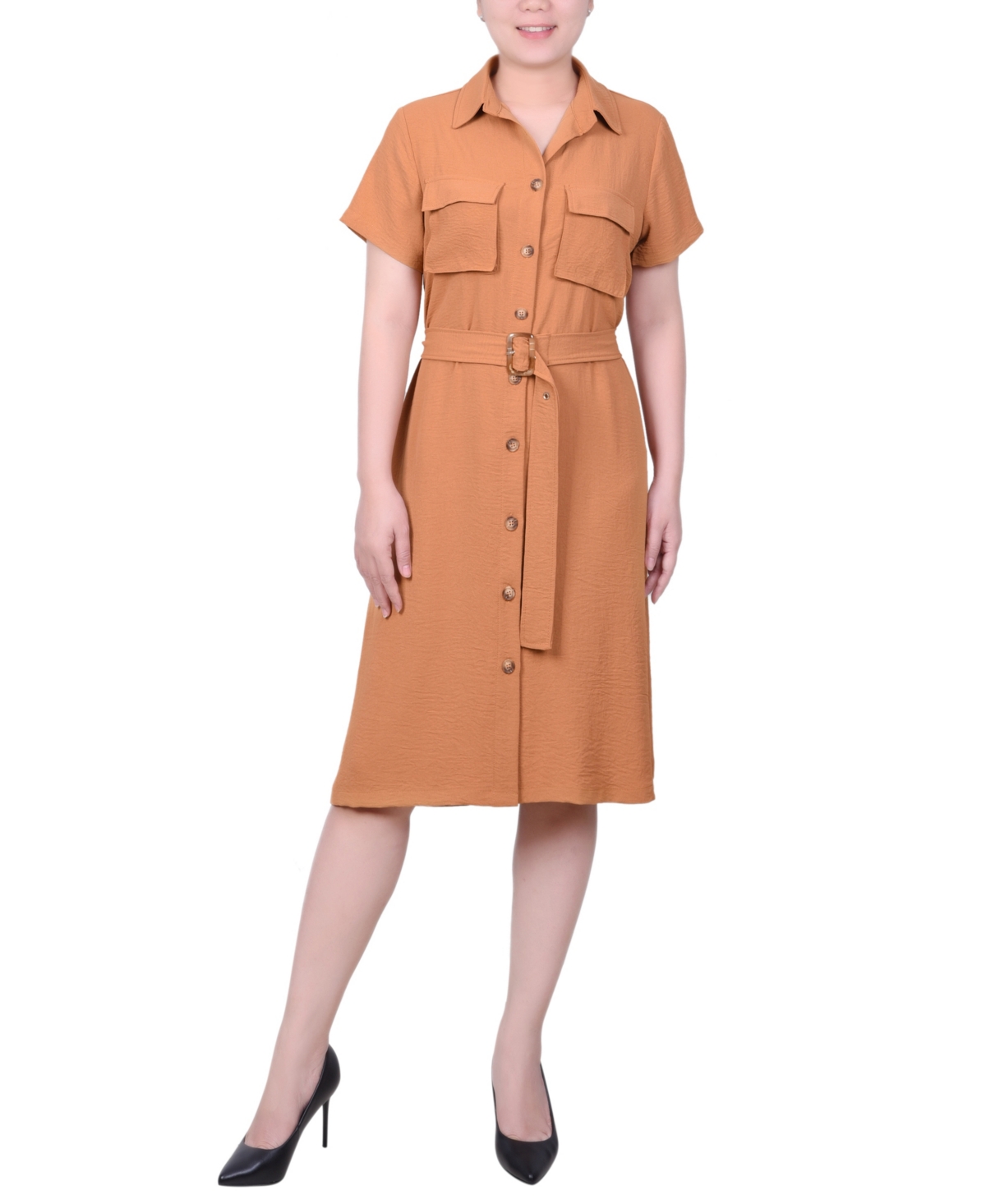 Click here for Ny Collection Womens Short Sleeve Belted Shirtdres... prices