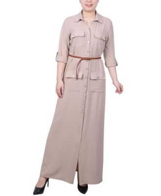 NY Collection Women's 3/4 Sleeve Safari Style Belted Shirtdress - Macy's