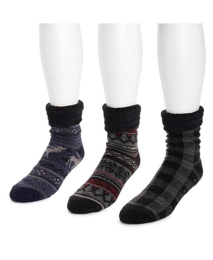 MUK LUKS Men's 3 Pair Pack Lined Lounge Sock, Dk Grey/Ebony/Twilight ...