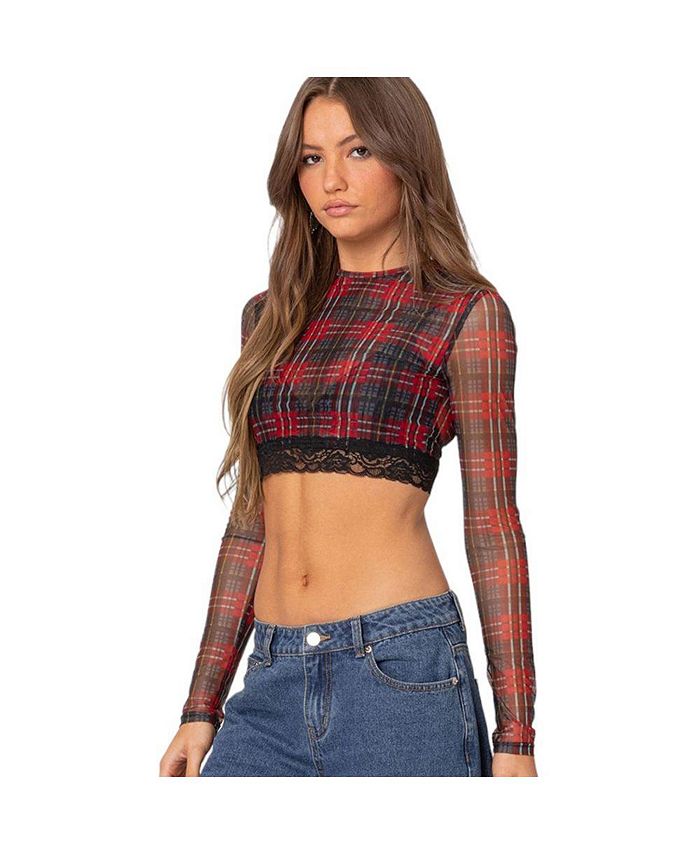 Edikted Women's Noel plaid printed mesh crop top - Macy's