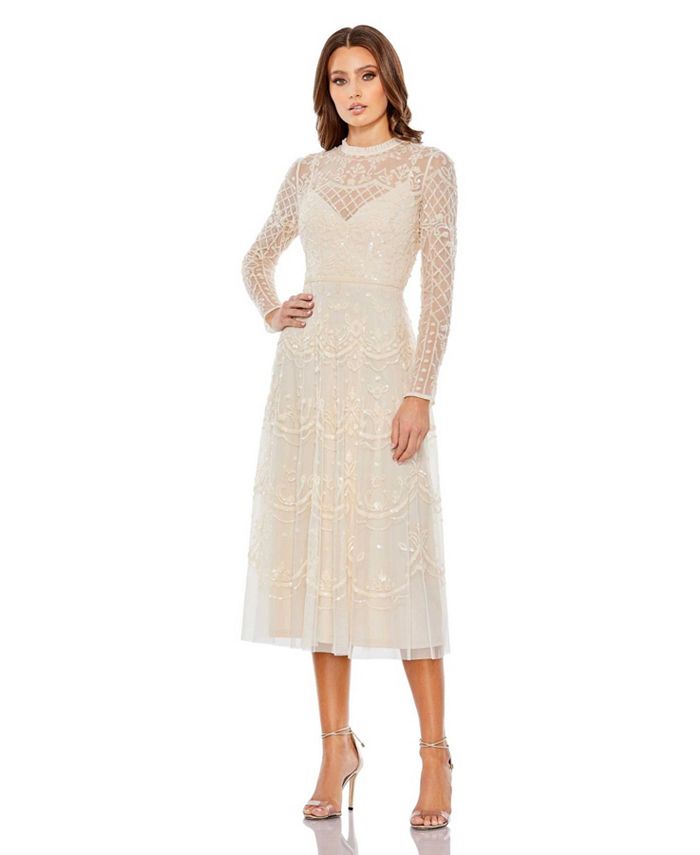 Mac Duggal Women's Sequined Illusion High Neck Long Sleeve Midi Dress - Macy's