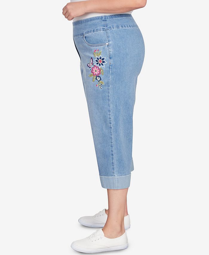 Alfred Dunner Plus Size In Full Bloom Butterfly Embroidered Denim Capri ...