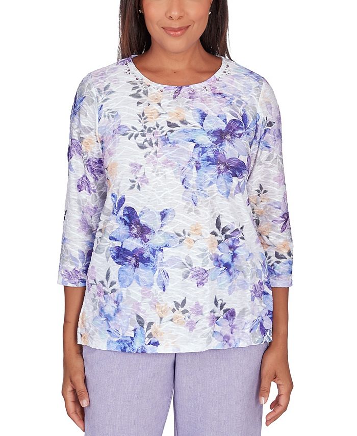 Alfred Dunner Petite Isn't It Romantic Watercolor Floral Split Hem Top - Macy's