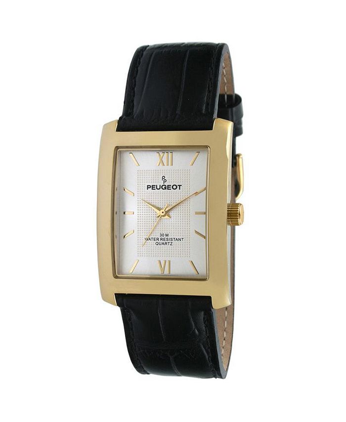 Peugeot Men's 30X40mm Gold Tank Shape Watch with Black Leather Strap ...