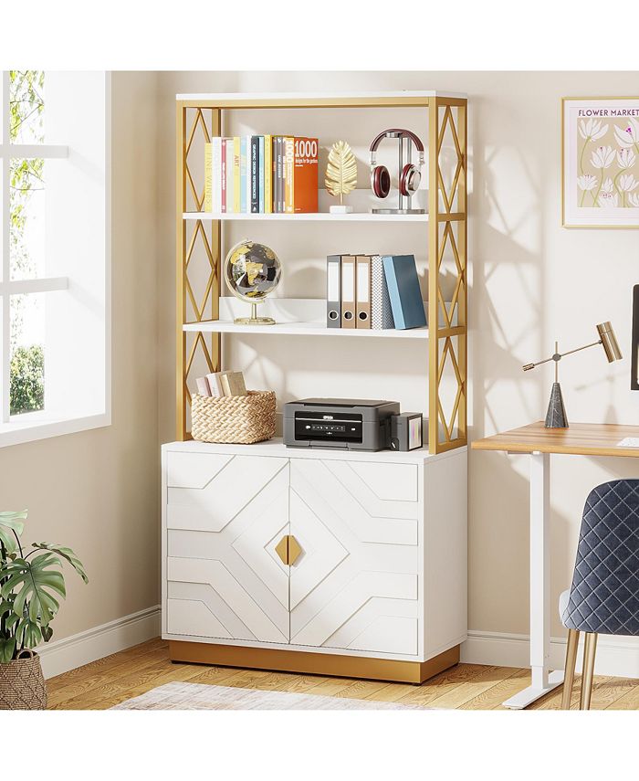 Tribesigns Tribe signs White and Gold Bookshelf with Doors: 70.9 Inches ...