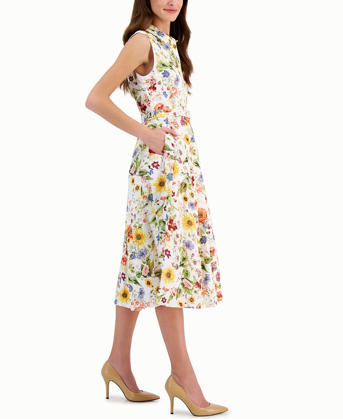 T Tahari Womens Floral Printed Linen Blend Belted Fit And Flare Midi