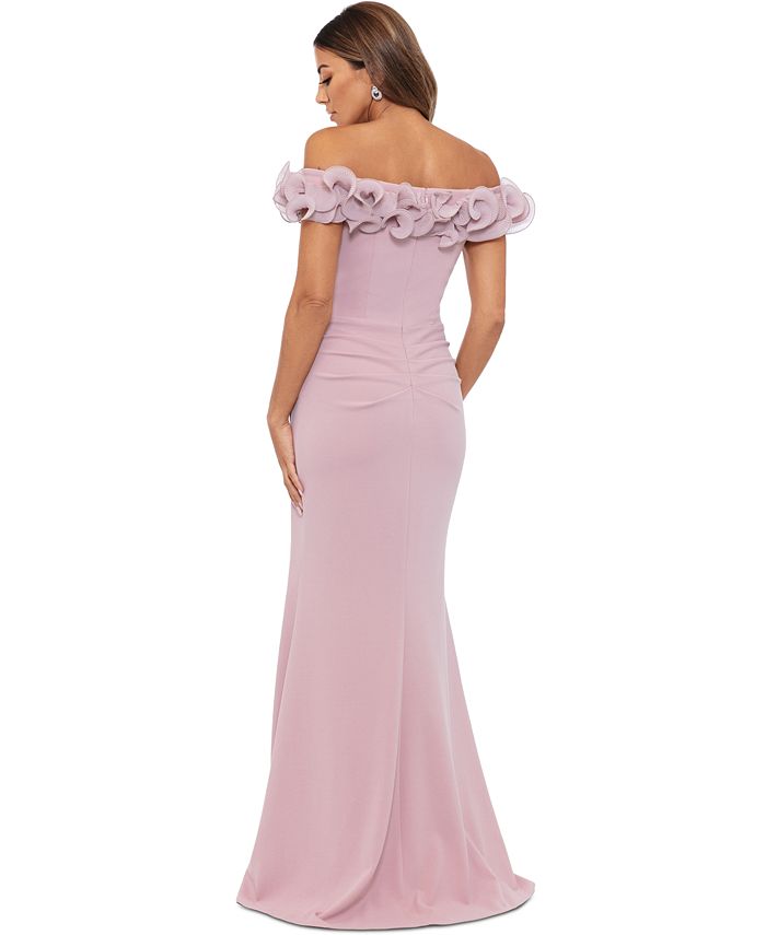 XSCAPE Women's Scuba-Crepe Ruffled Off-The-Shoulder Fit & Flare Gown ...