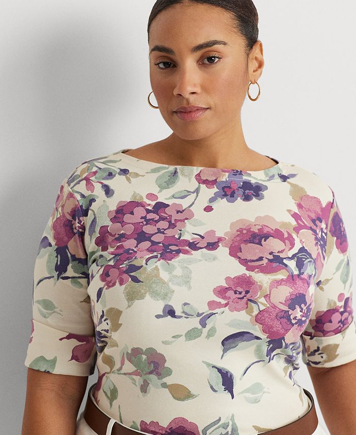 Lauren Ralph Lauren Plus Size Floral Boatneck Tee - Macy's
