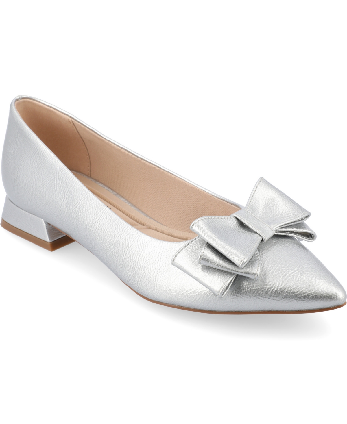 Journee Collection Womens Ophelia Bow Low Block Heel Dress Flats - Silver