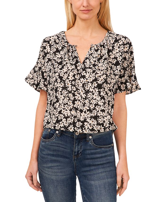CeCe Women's Floral Print Split Neck Ruffled Cuff Top - Macy's