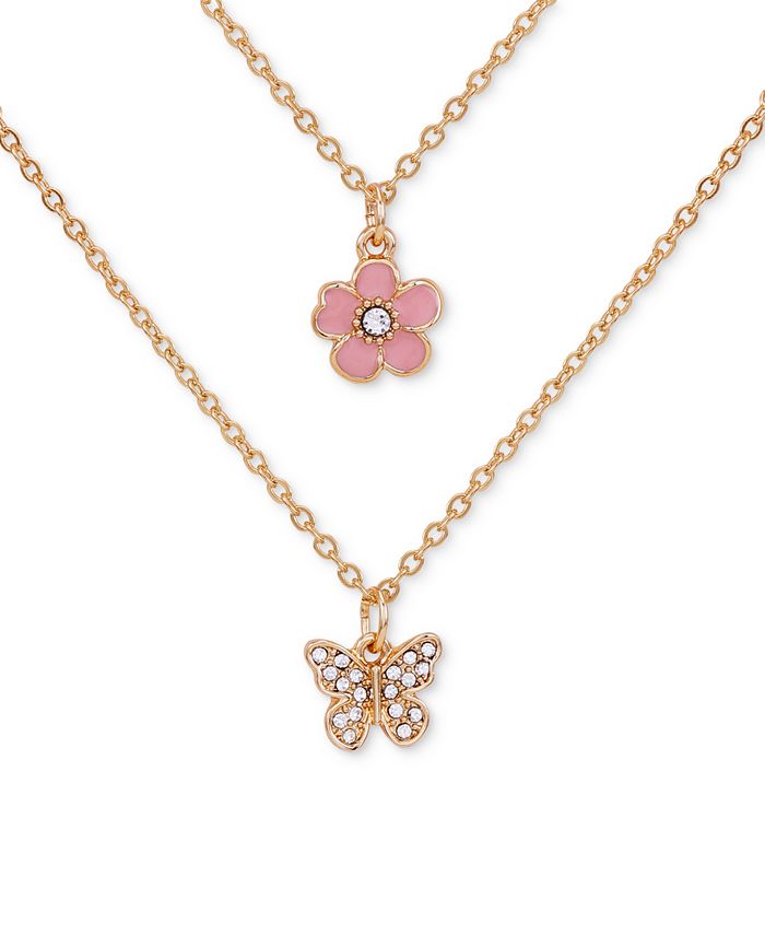 GUESS Gold-Tone 2-Pc. Pink Flower & Pavé Butterfly Pendant Necklaces ...