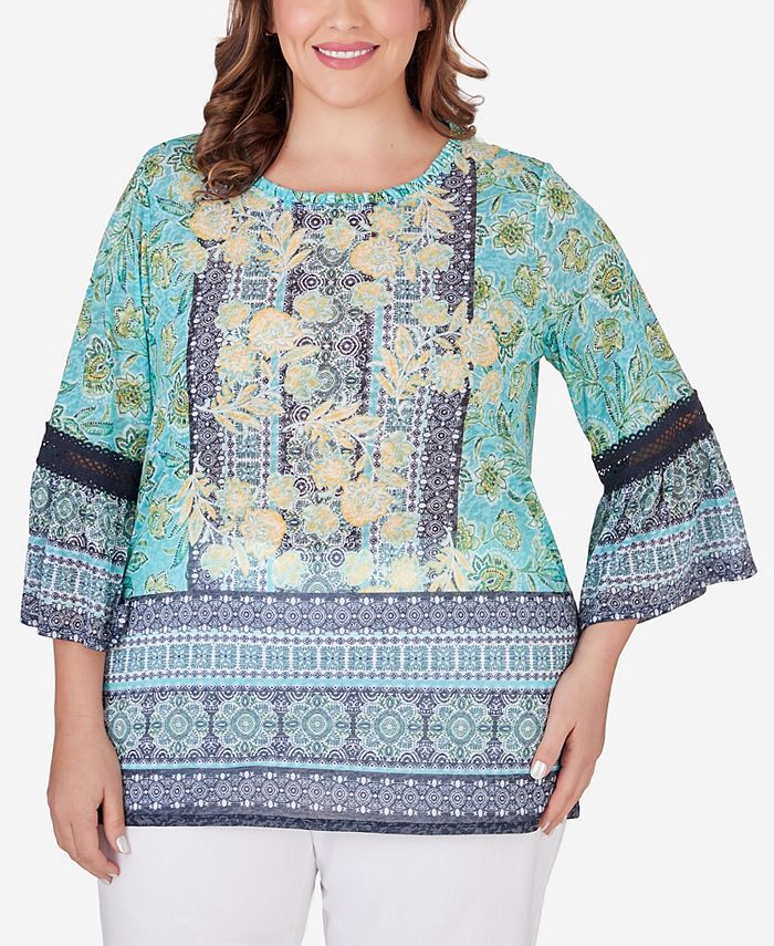 Ruby Rd. Plus Size Bohemian Floral Medallion Flounce Sleeve Top - Macy's