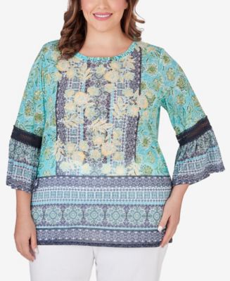 Ruby Rd. Plus Size Bohemian Floral Medallion Flounce Sleeve Top - Macy's