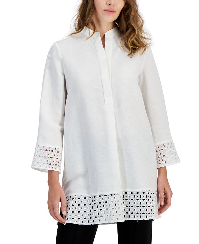 Anne Klein Women's Linen-Blend Eyelet-Trim Tunic - Macy's