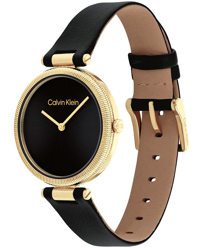 Calvin Klein Women's Gleam Black Leather Strap Watch 32mm - Macy's