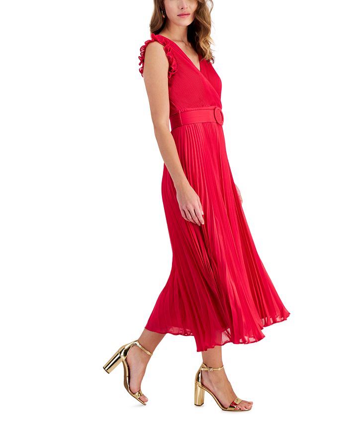 Taylor Women's Belted Pleated Chiffon Midi Dress - Macy's