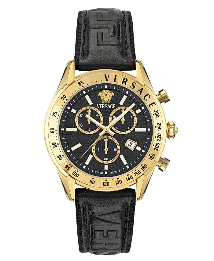 Versace Men's Swiss Chronograph Black Leather Strap Watch 44mm - Macy's