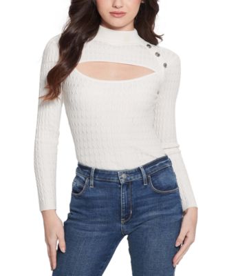 GUESS Women's Nikki Cutout Cable-Knit Mock Neck Sweater - Macy's