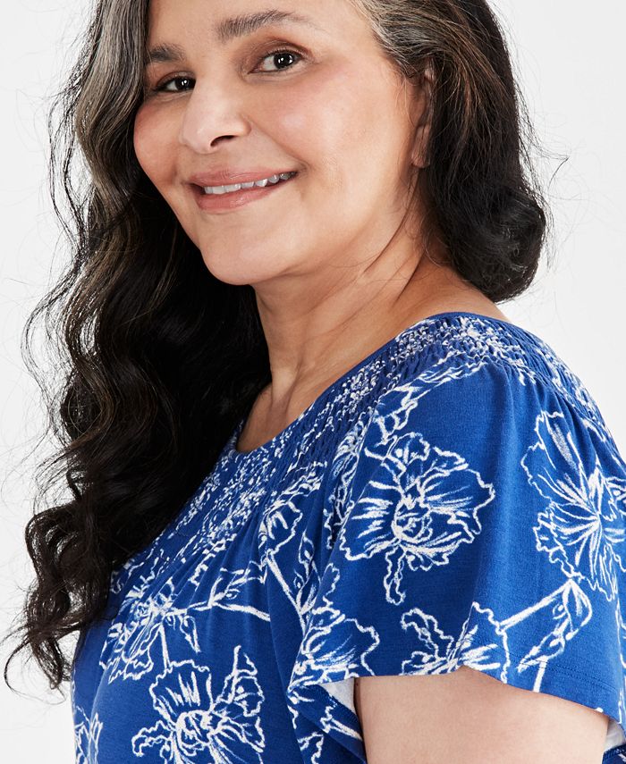 Style And Co Plus Size Printed Gathered Scoop Neck Flutter Sleeve Top