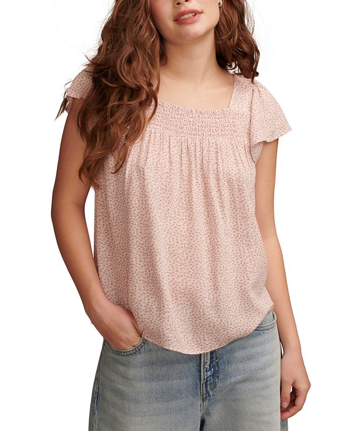 Lucky Brand Women's Smocked Square-Neck Flutter-Sleeve Top - Macy's
