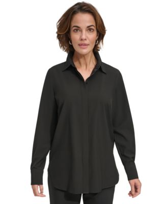 DKNY Women's Solid Covered-Placket Long-Sleeve Shirt - Macy's