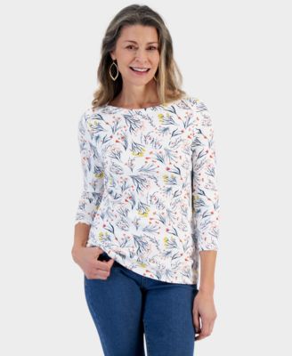 Style & Co Women's Printed 3/4-Sleeve Pima Cotton Top, Created for Macy ...
