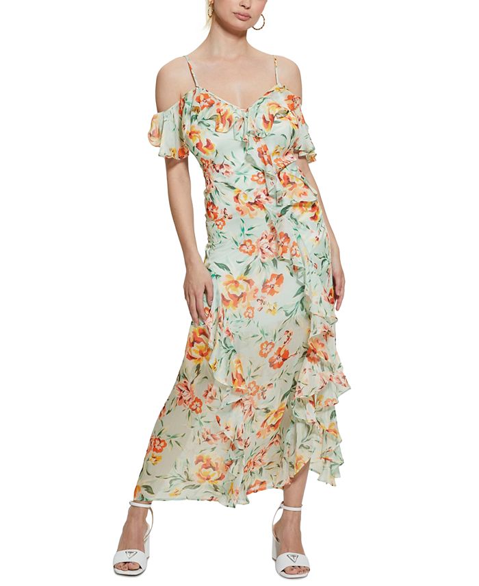 GUESS Women's Meadows Floral Print Ruffled Maxi Dress - Macy's