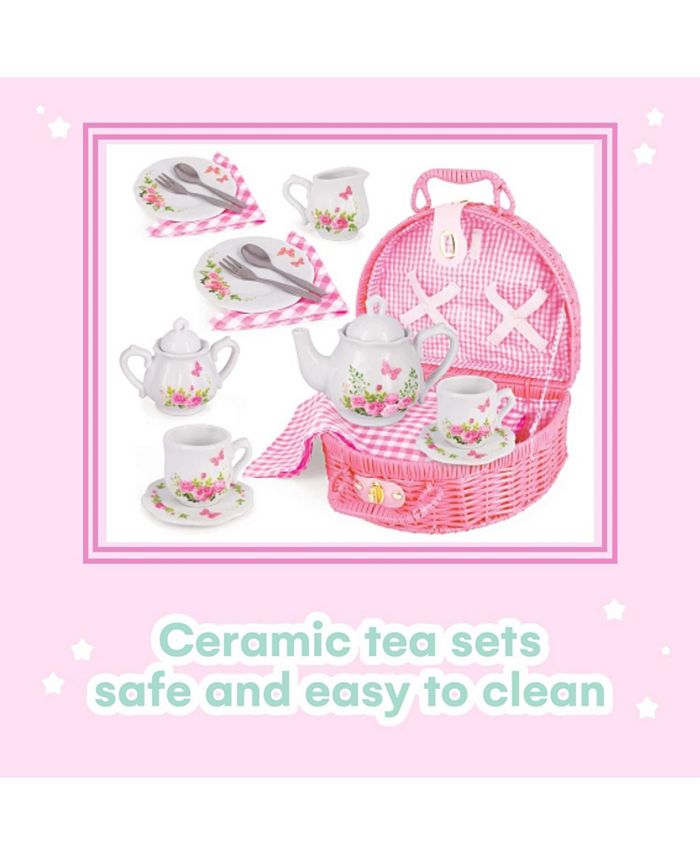 Jewelkeeper Porcelain Tea Set with Picnic Basket and Floral Design - Macy's