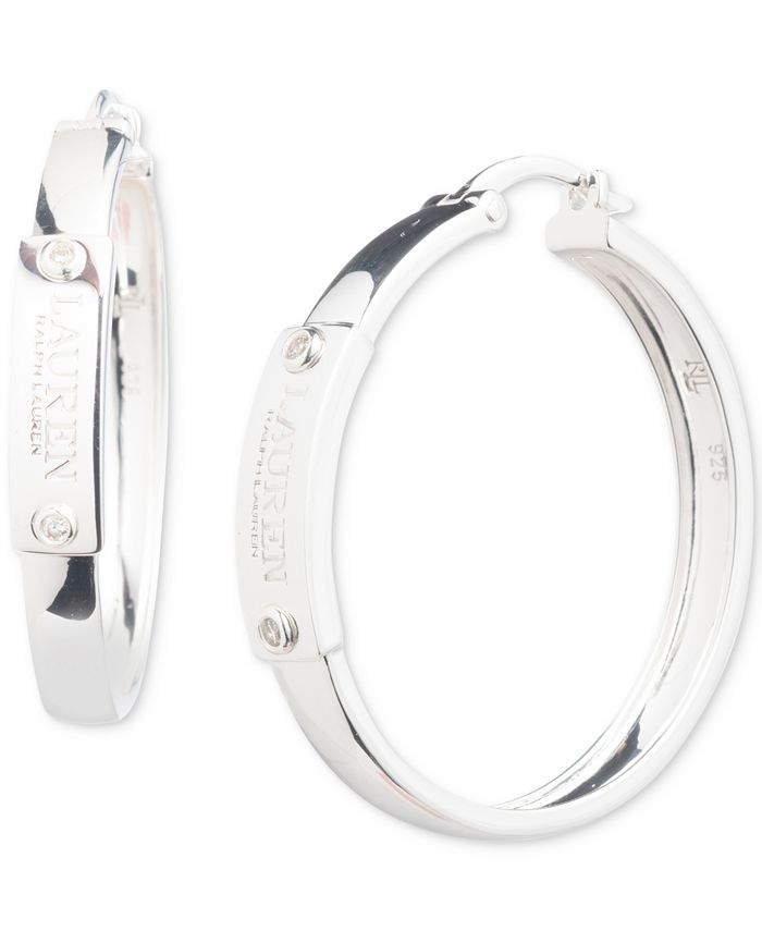 Ralph Lauren Sterling Silver Medium Crystal Logo Hoop Earrings, 1.2" - Macy's