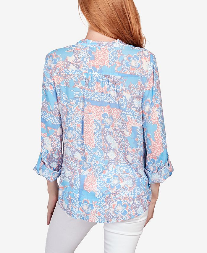 Ruby Rd. Petite Silky Gauze Patio Party Patchwork Button Front Top - Macy's