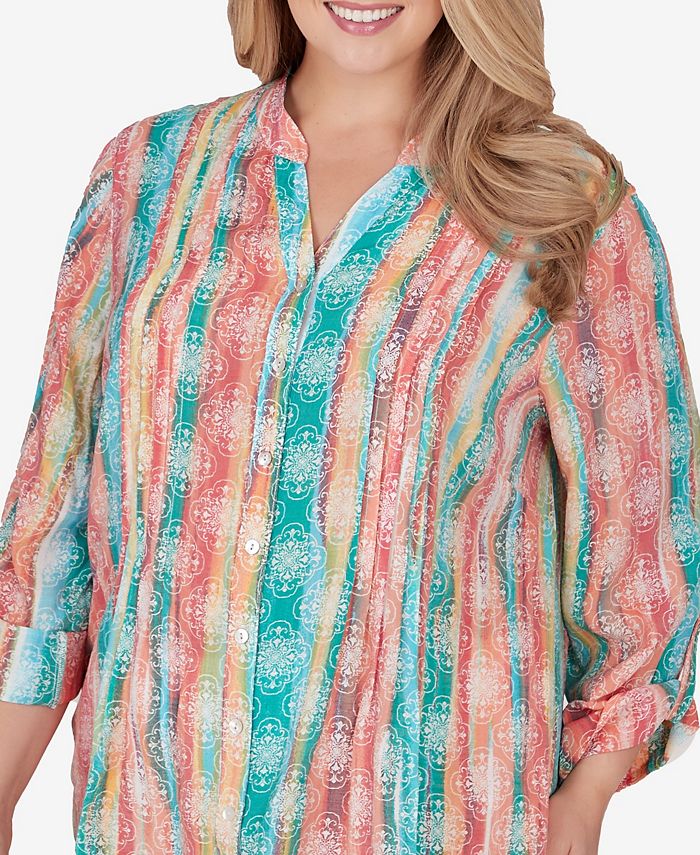 Ruby Rd. Plus Size Woven Silky Gauze Stripe Button Front Top - Macy's